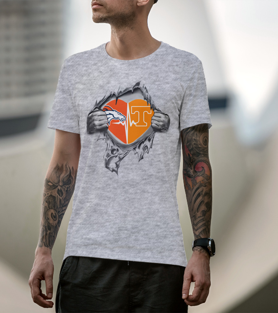 Broncos Horse Tennessee T Heart Logo Split With Hands And Rip Effect T-Shirt