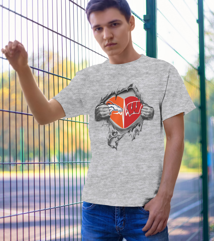 Broncos Badgers Heart Emblem Burst Through With Love Nfl Ncaa Team Pride T-Shirt