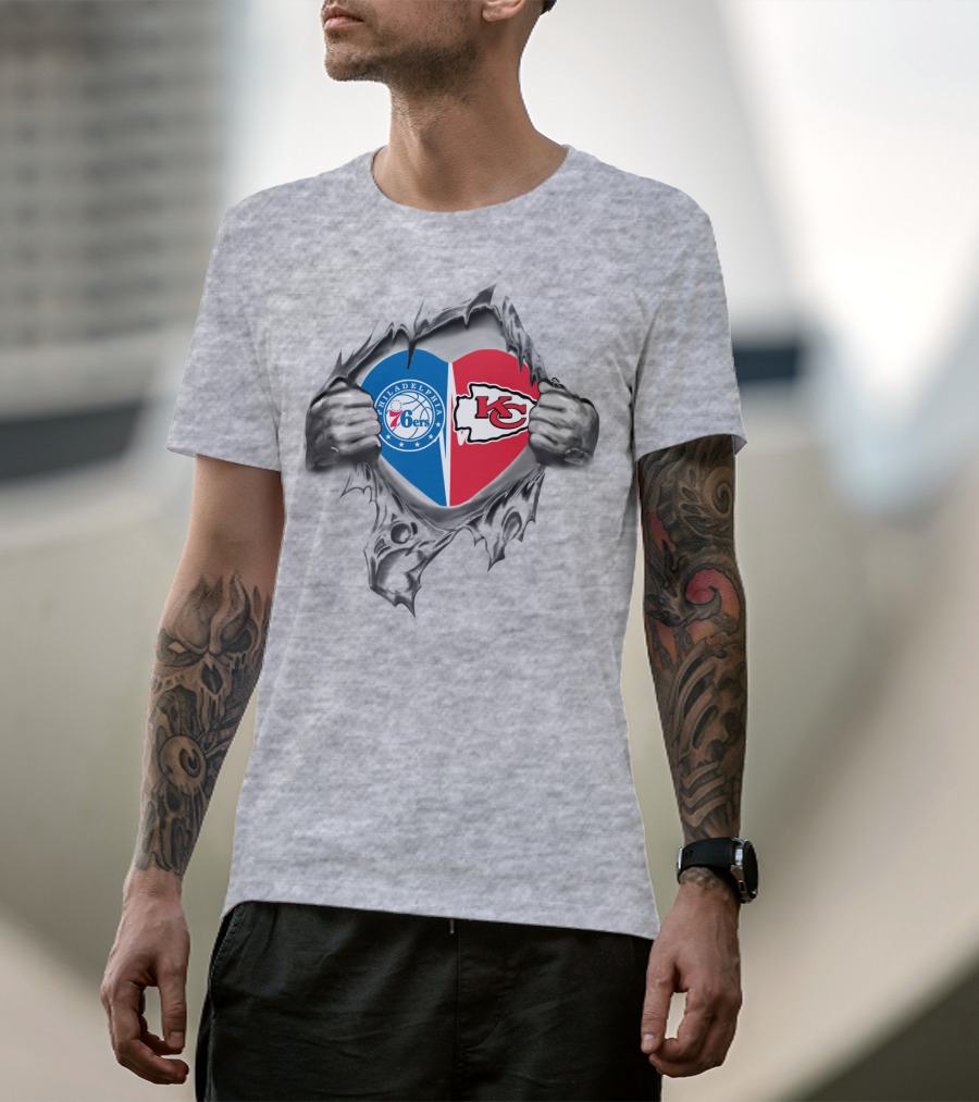 Philadelphia 76ers And Kansas City Chiefs Heart Logo Combination T-Shirt