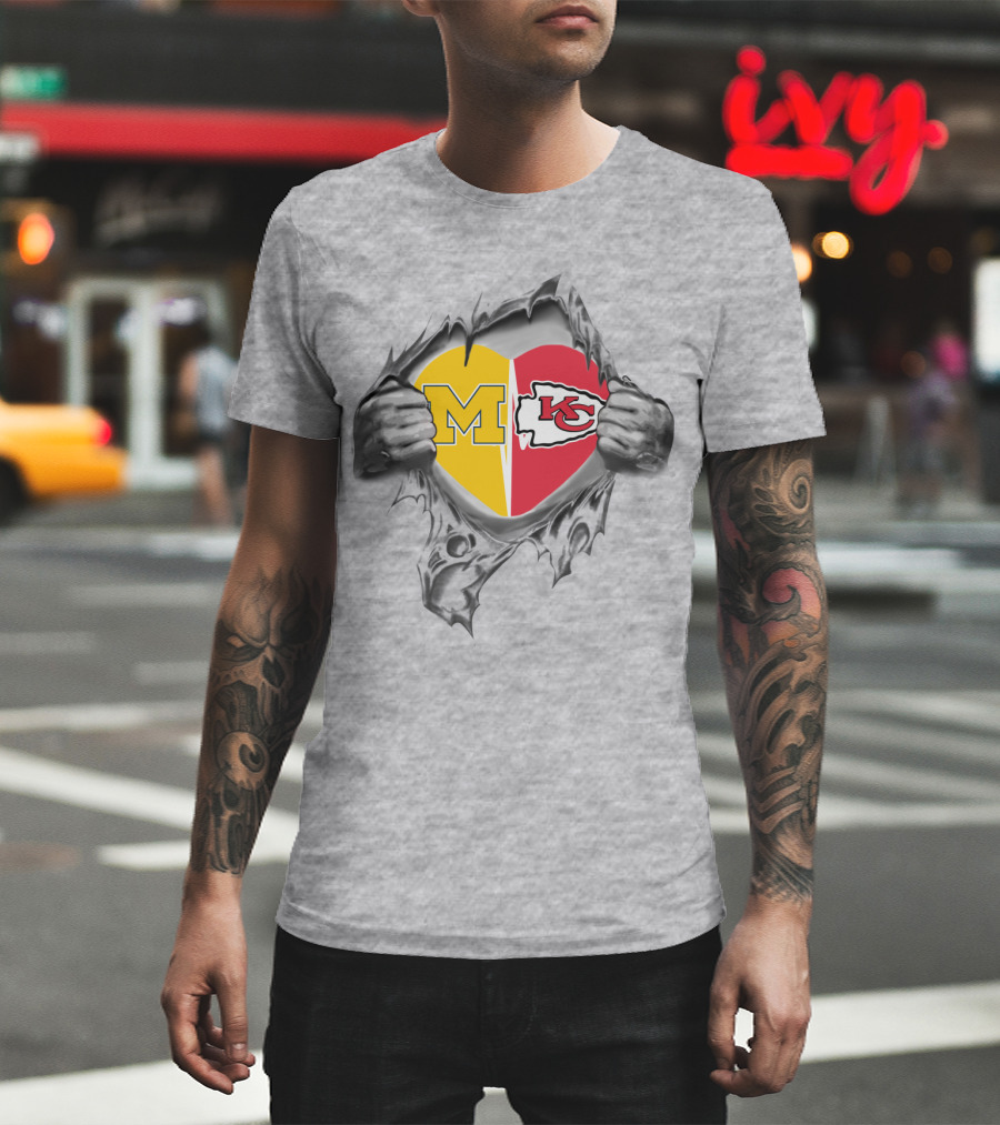 Chiefs Michigan M Heart Kansas City Football Fan Football Team Logos T-Shirt