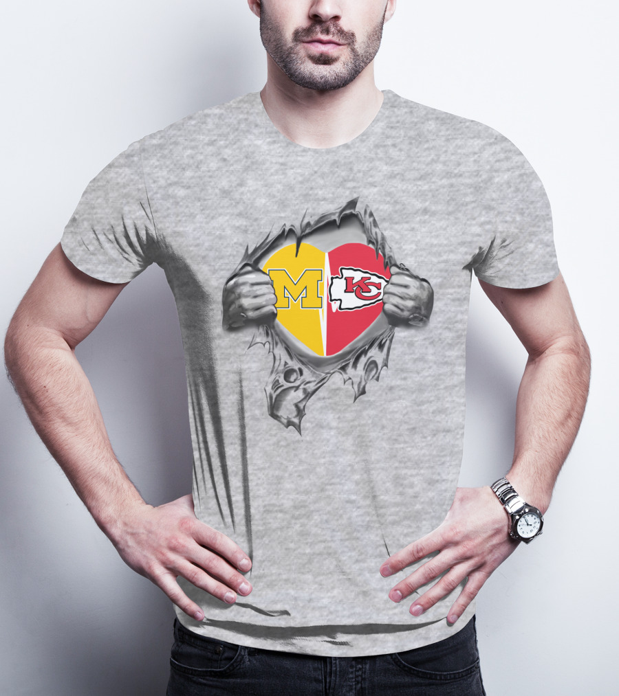 Chiefs Michigan M Heart Kansas City Football Fan Football Team Logos T-Shirt
