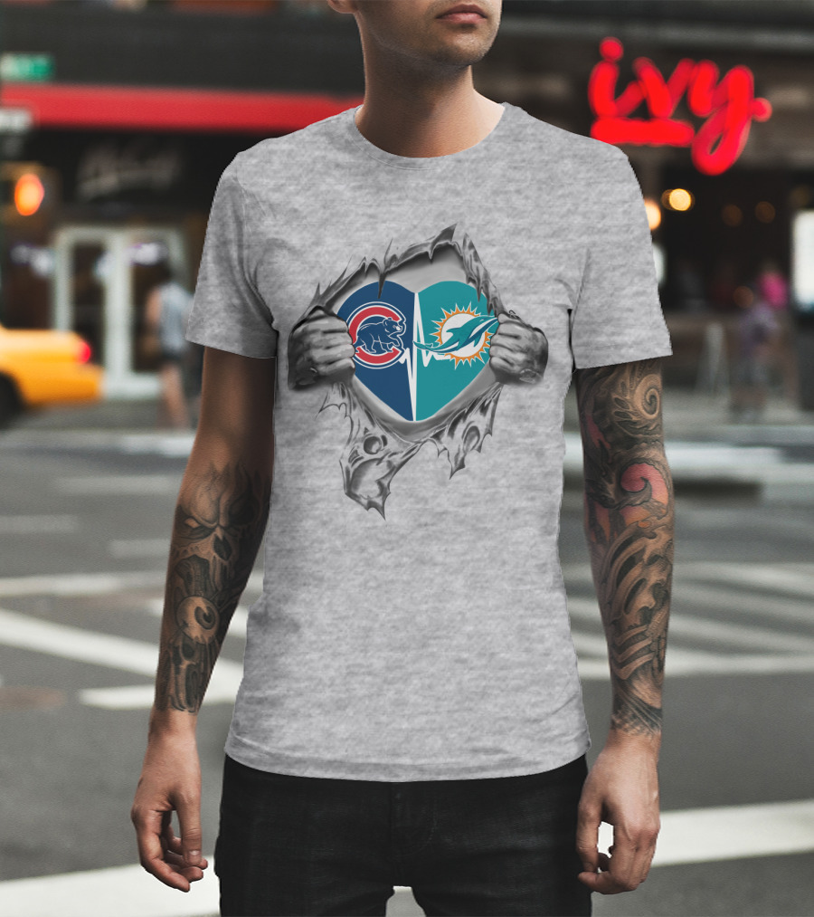 Cubs Dolphins Heartbeat Torn Chest Logo Combination T-Shirt