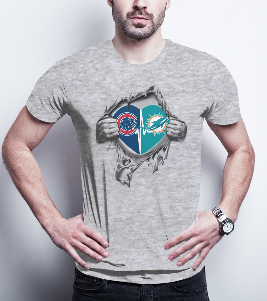 Cubs Dolphins Heartbeat Torn Chest Logo Combination T-Shirt