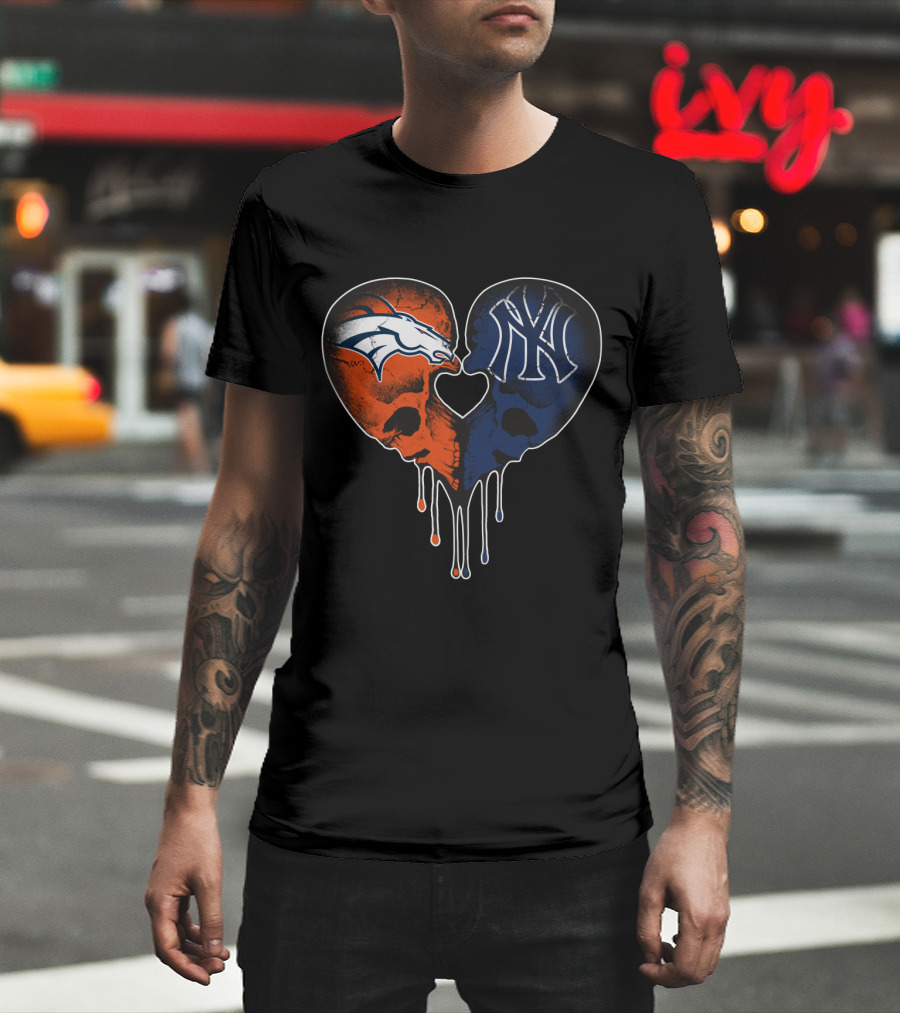 Broncos Yankees Skull Heart Fusion T-Shirt