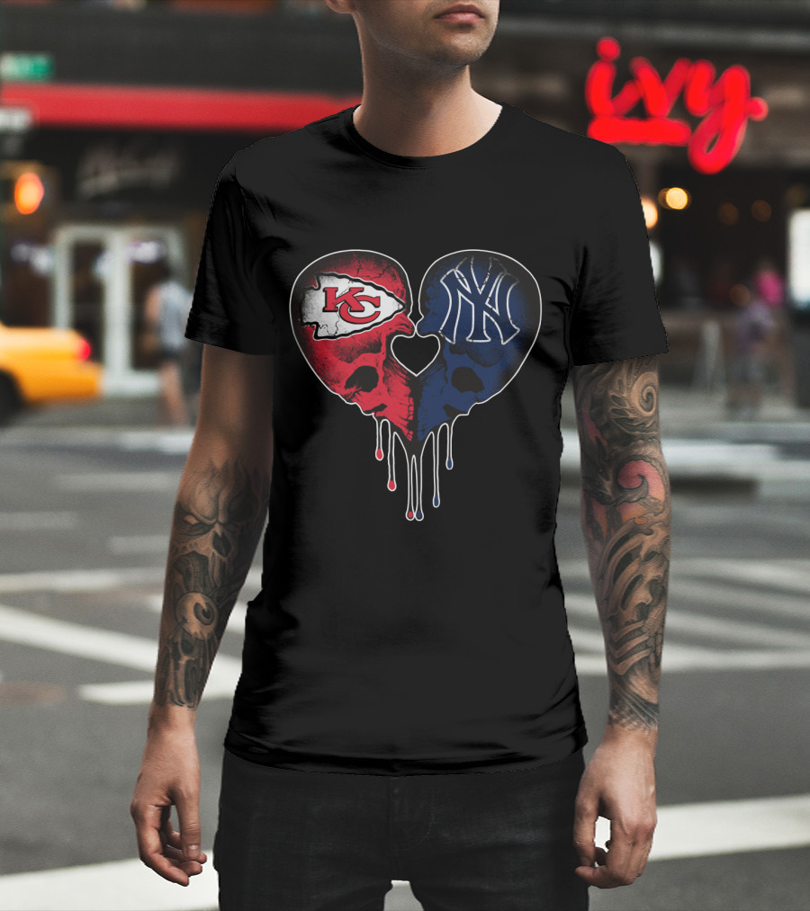 Chiefs Yankees Dripping Skull Heart Love T-Shirt