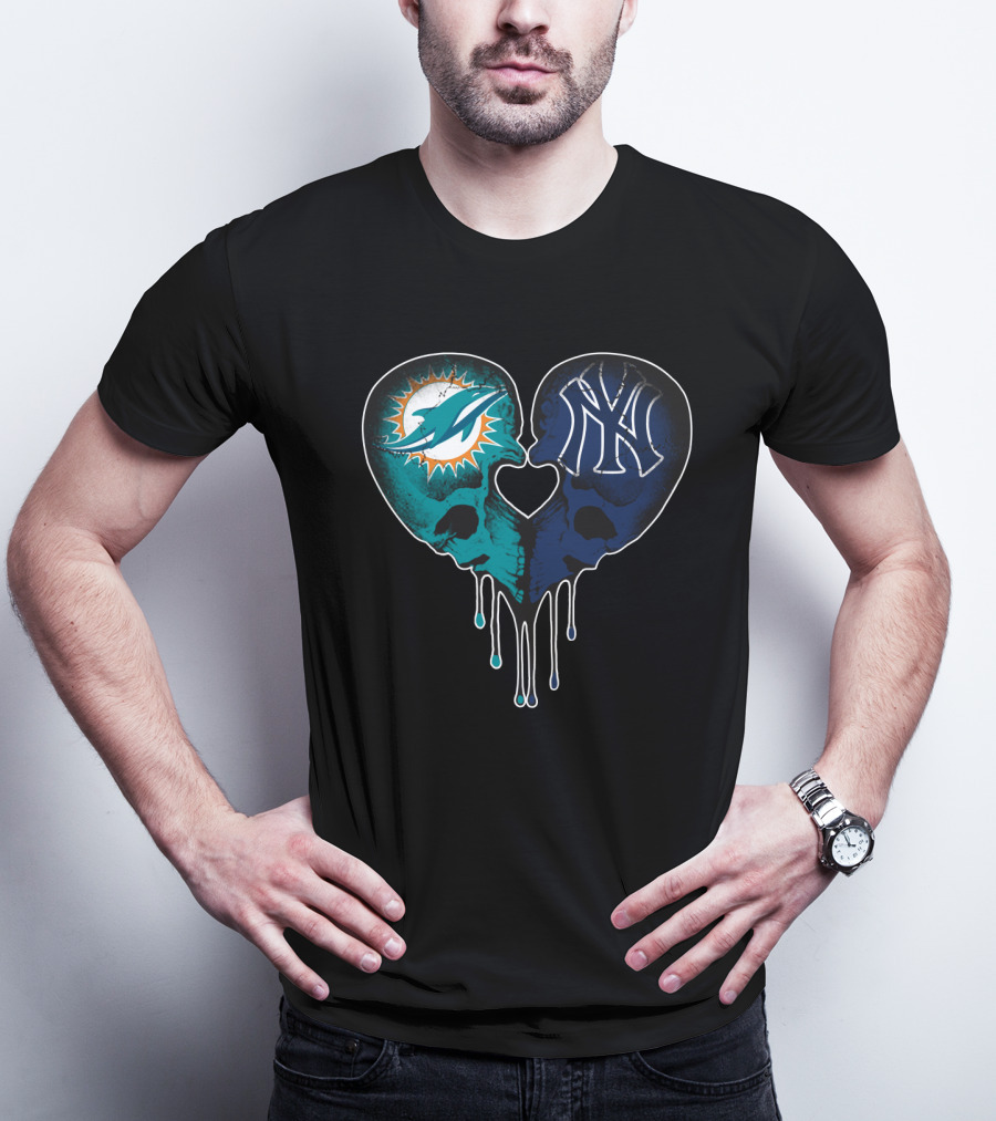 Dolphins Yankees Skull Heart Love T-Shirt
