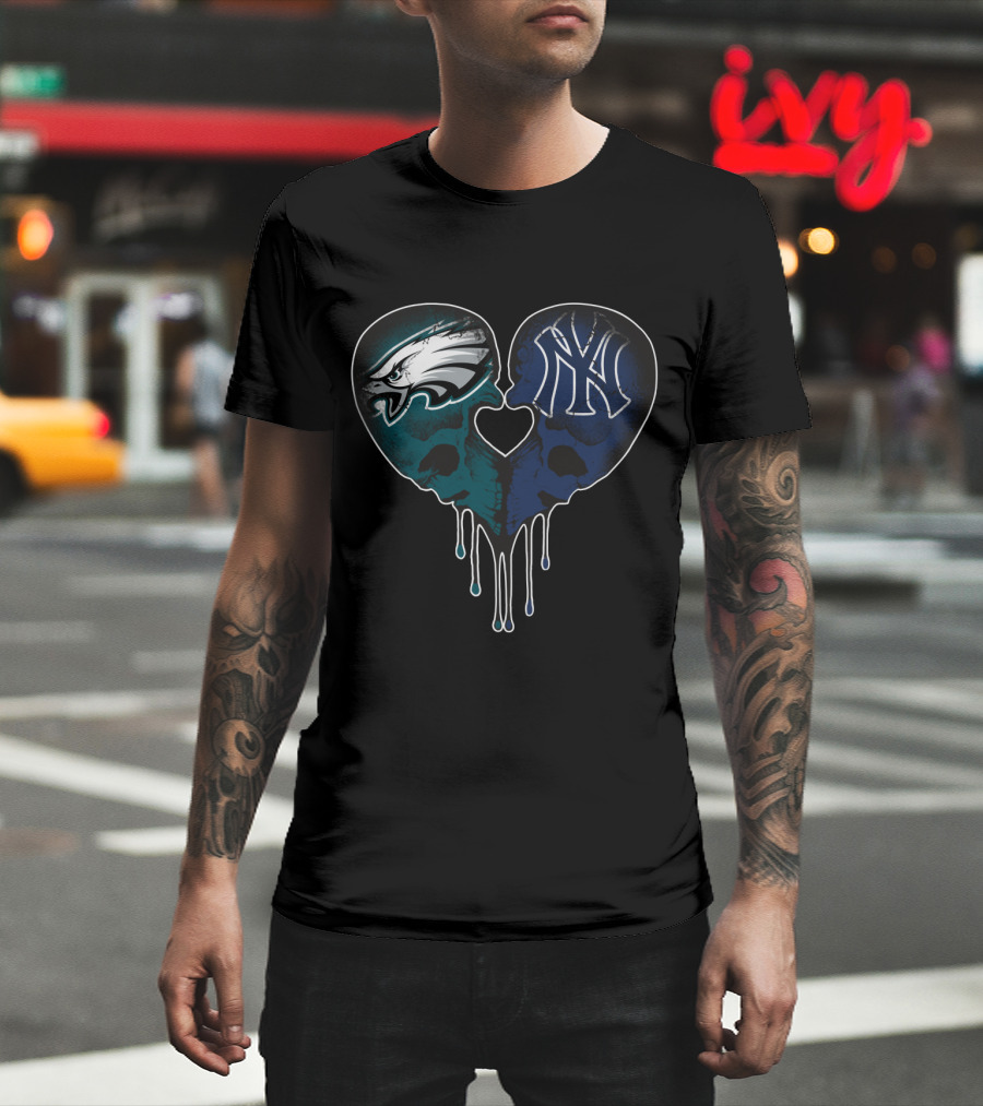 Eagles Yankees Skull Love Heart Drip T-Shirt