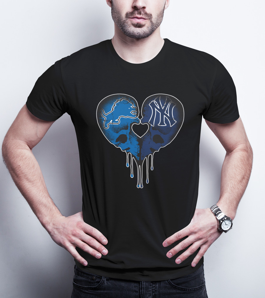 Detroit Lions New York Yankees Skull Heart Fusion T-Shirt