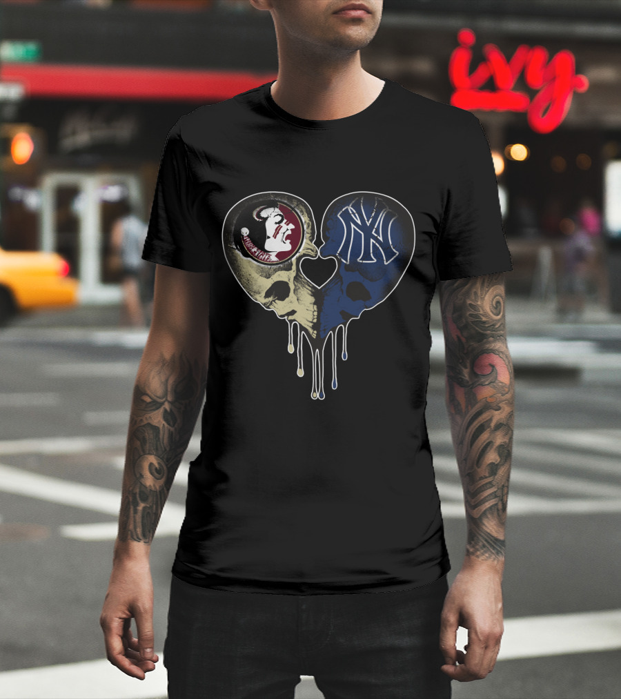 Seminoles Yankees Heart-Shaped Skull Drip T-Shirt