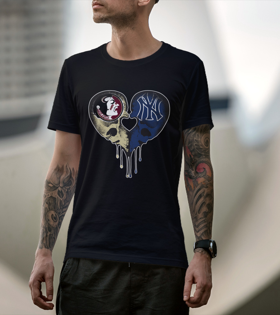 Seminoles Yankees Heart-Shaped Skull Drip T-Shirt