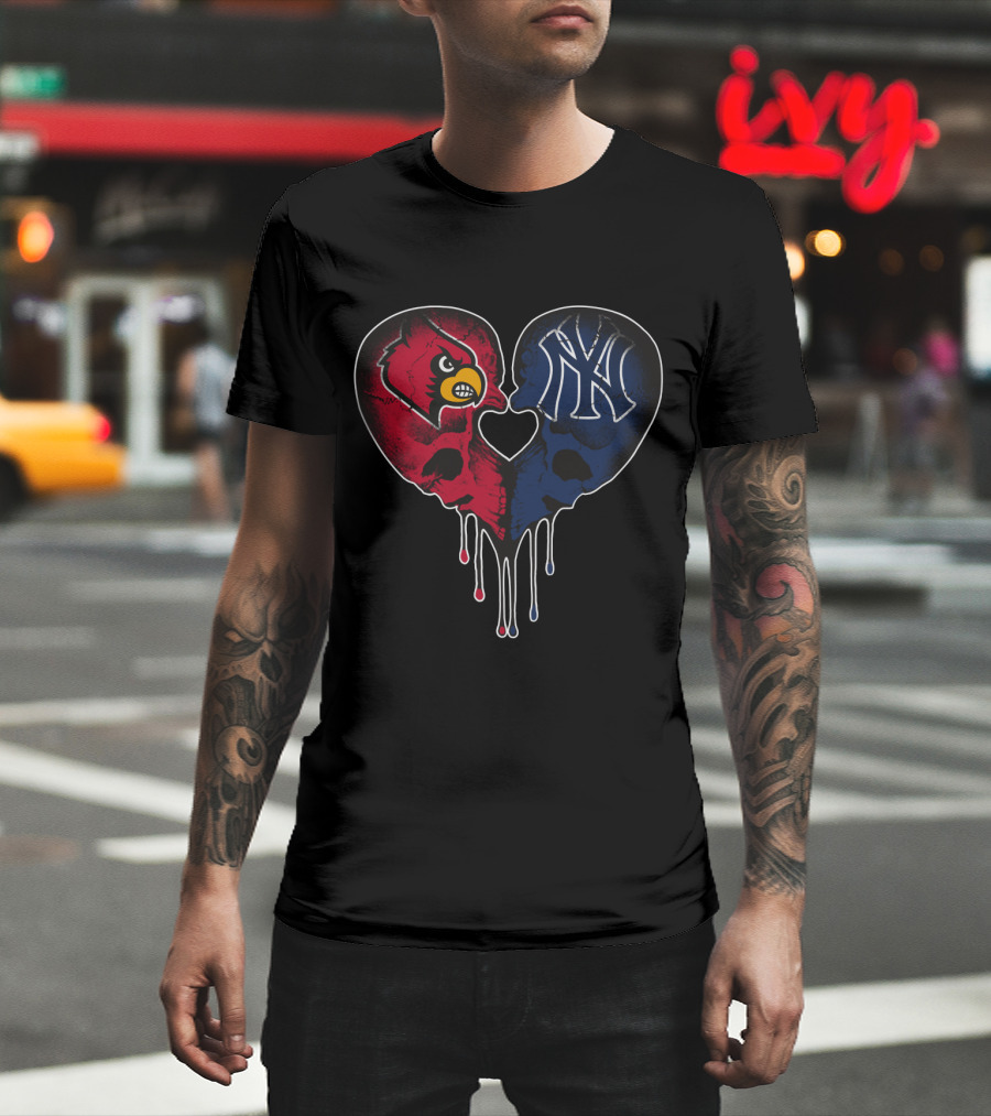 Yankees Louisville Cardinals Skull Heart Fusion T-Shirt