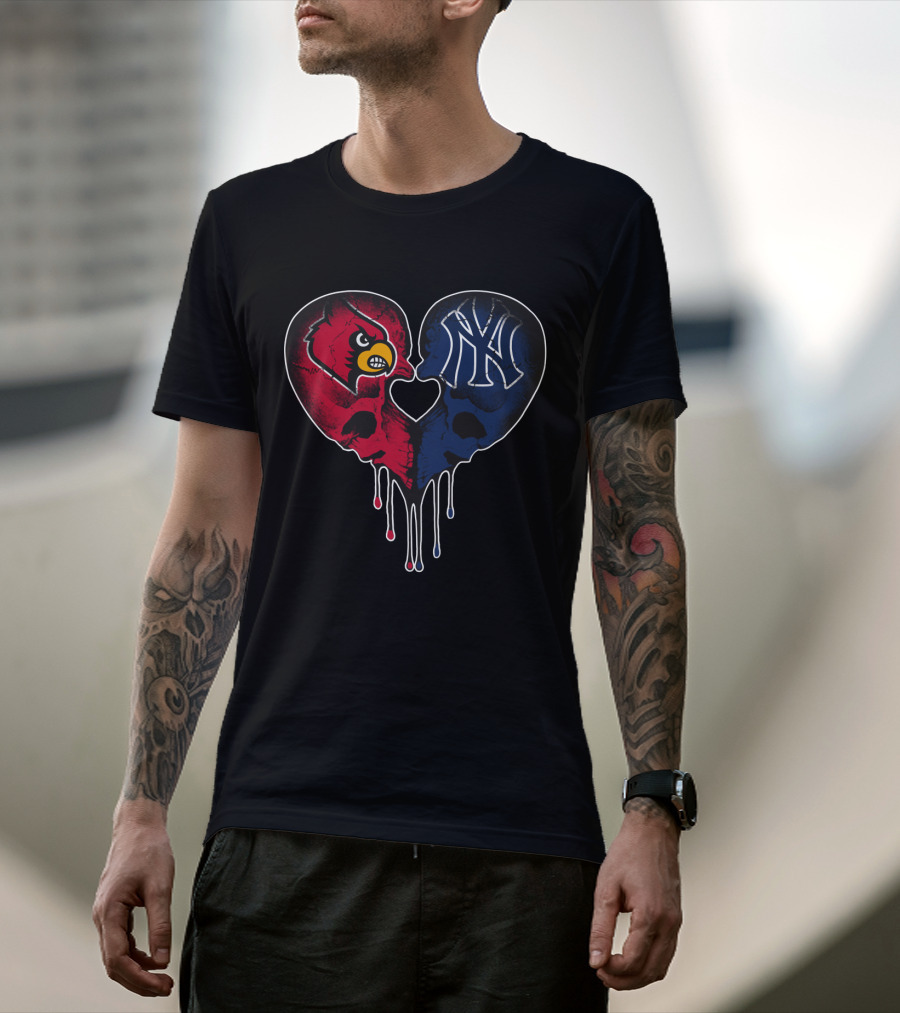 Yankees Louisville Cardinals Skull Heart Fusion T-Shirt