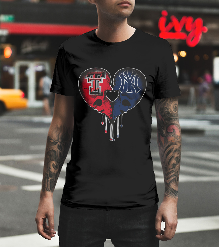 Texas Tech And Yankees Dripping Skull Heart Love T-Shirt