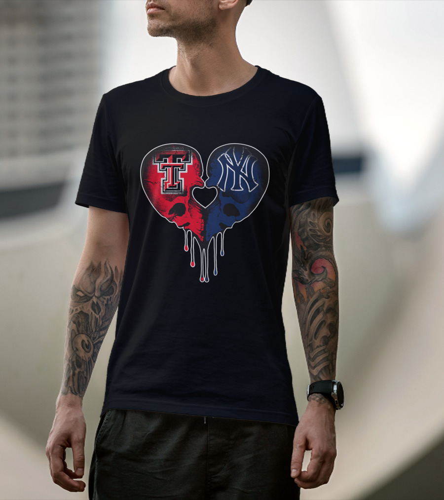 Texas Tech And Yankees Dripping Skull Heart Love T-Shirt