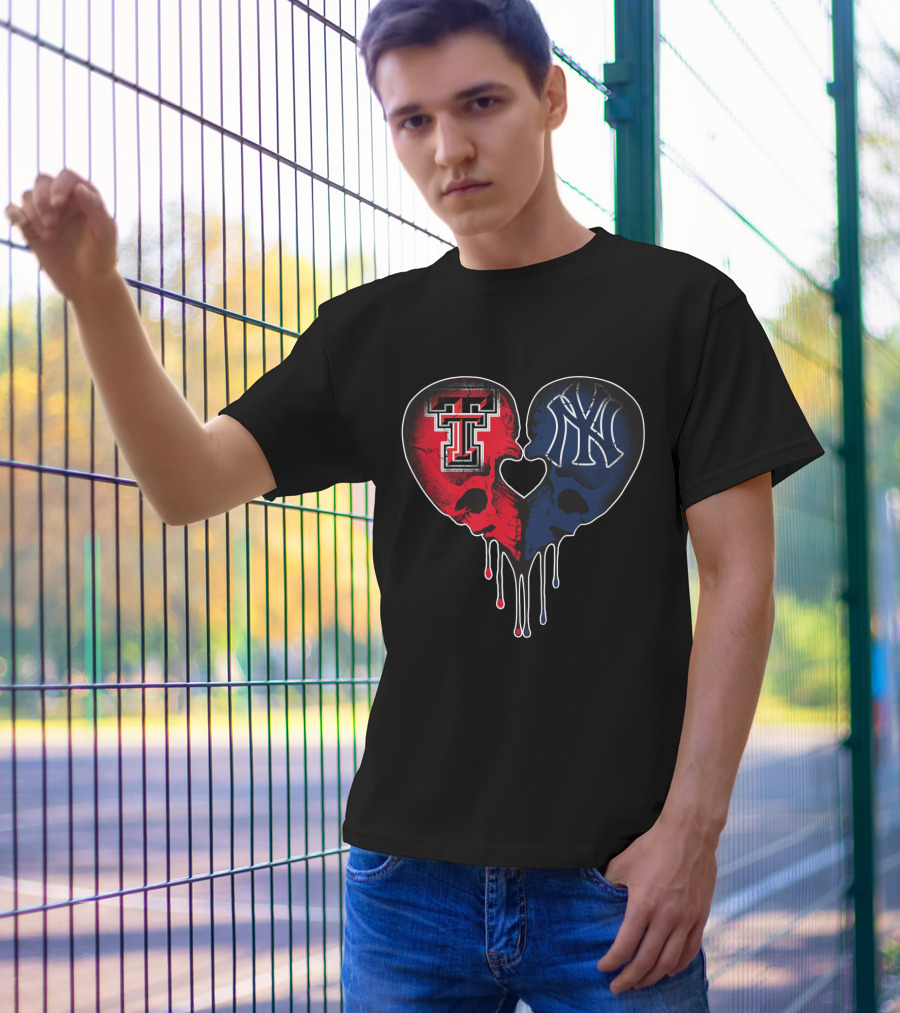 Texas Tech And Yankees Dripping Skull Heart Love T-Shirt