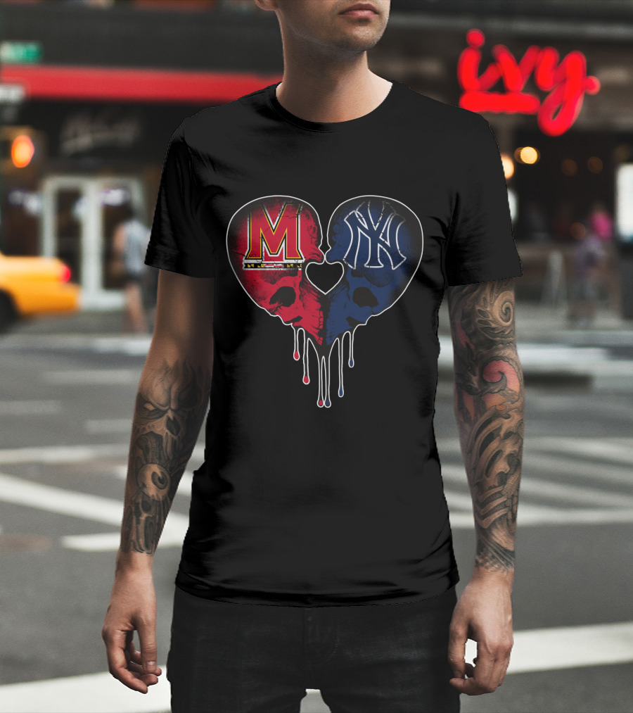 Maryland And Yankees Skull Heart Fusion T-Shirt