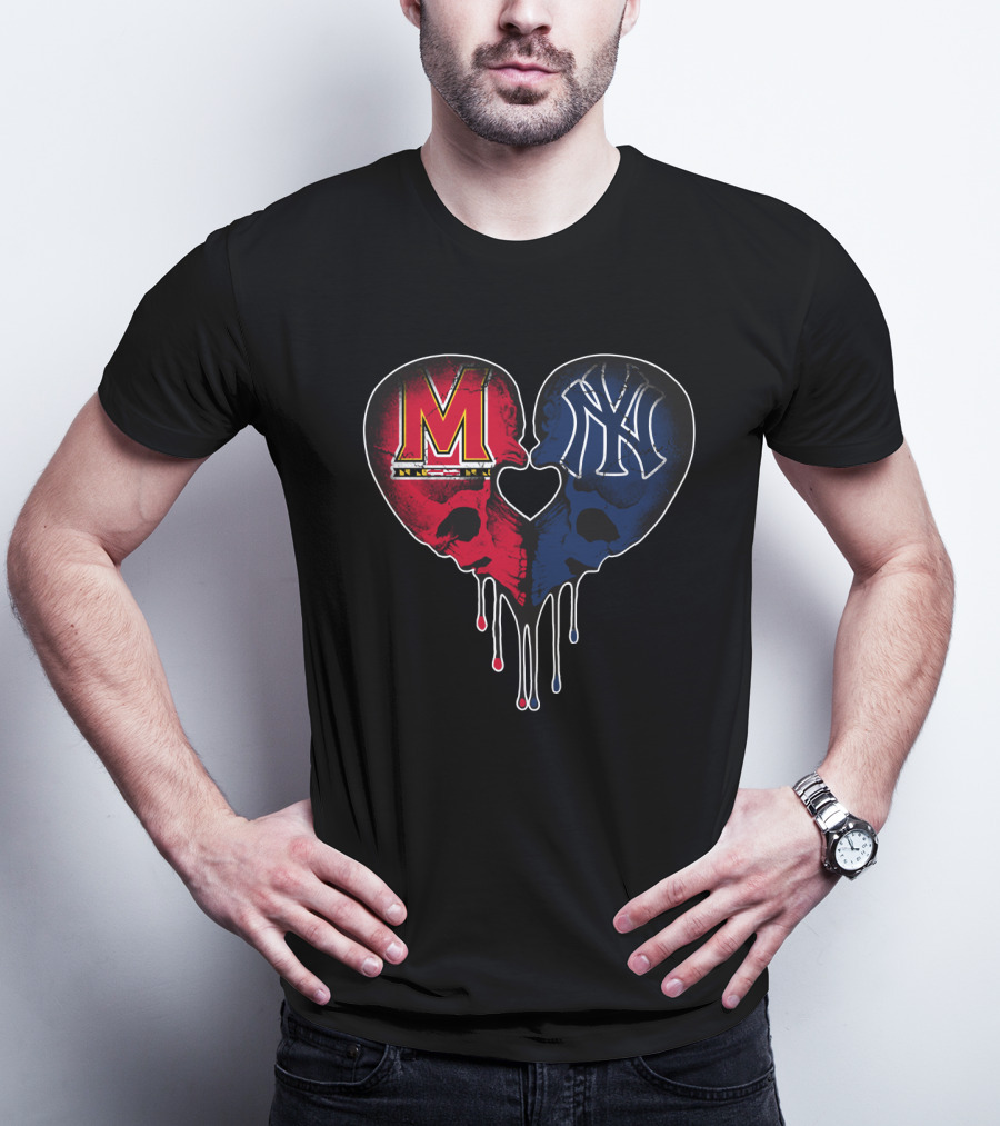 Maryland And Yankees Skull Heart Fusion T-Shirt