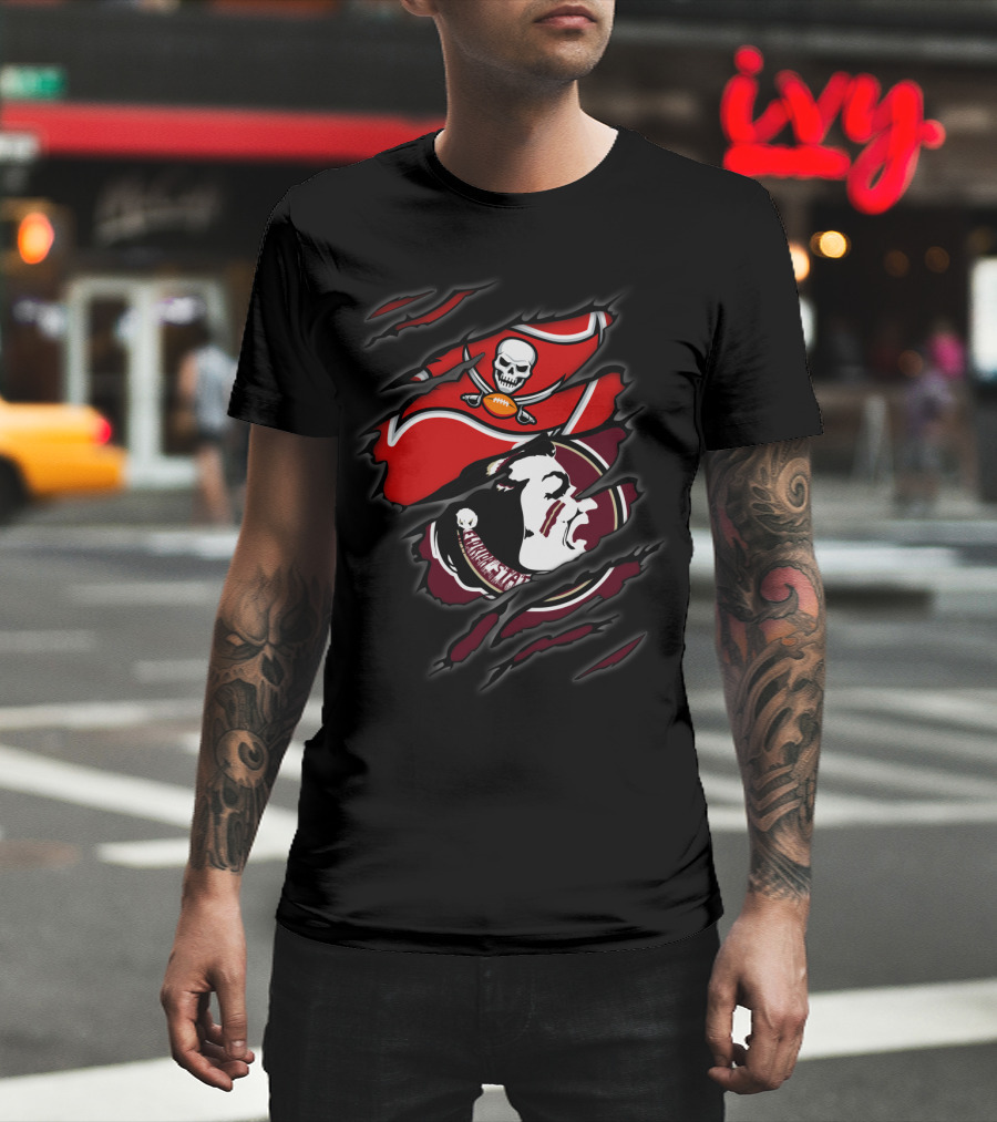 Buccaneers Seminoles Torn Logos Featuring Skull Pirate And Warrior Head T-Shirt