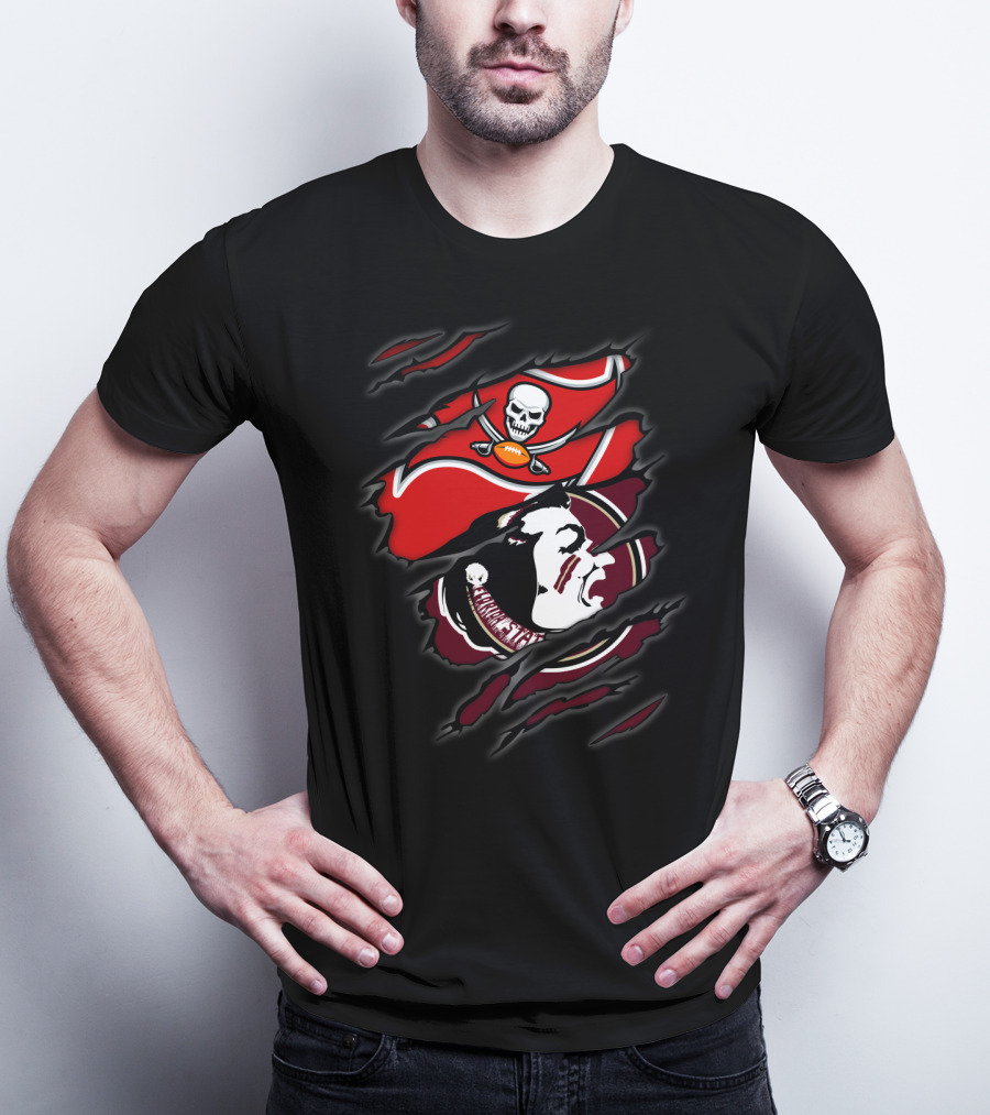 Buccaneers Seminoles Torn Logos Featuring Skull Pirate And Warrior Head T-Shirt