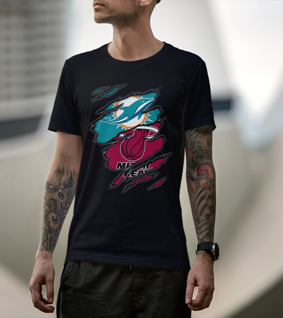 Miami Dolphins Miami Heat Crossover Collaboration Logos T-Shirt
