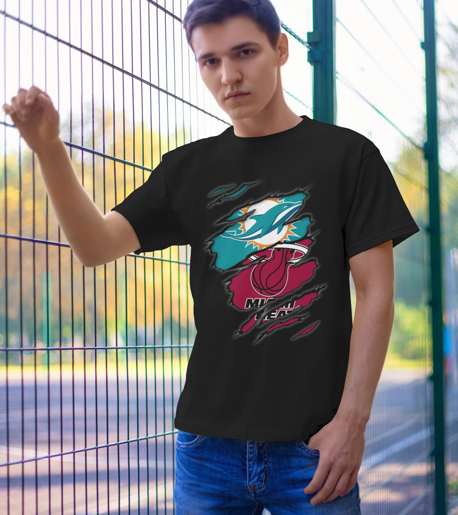 Miami Dolphins Miami Heat Crossover Collaboration Logos T-Shirt