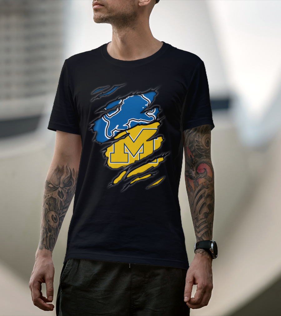 Detroit Lions Michigan Wolverines Football Fan Logo Crossover T-Shirt