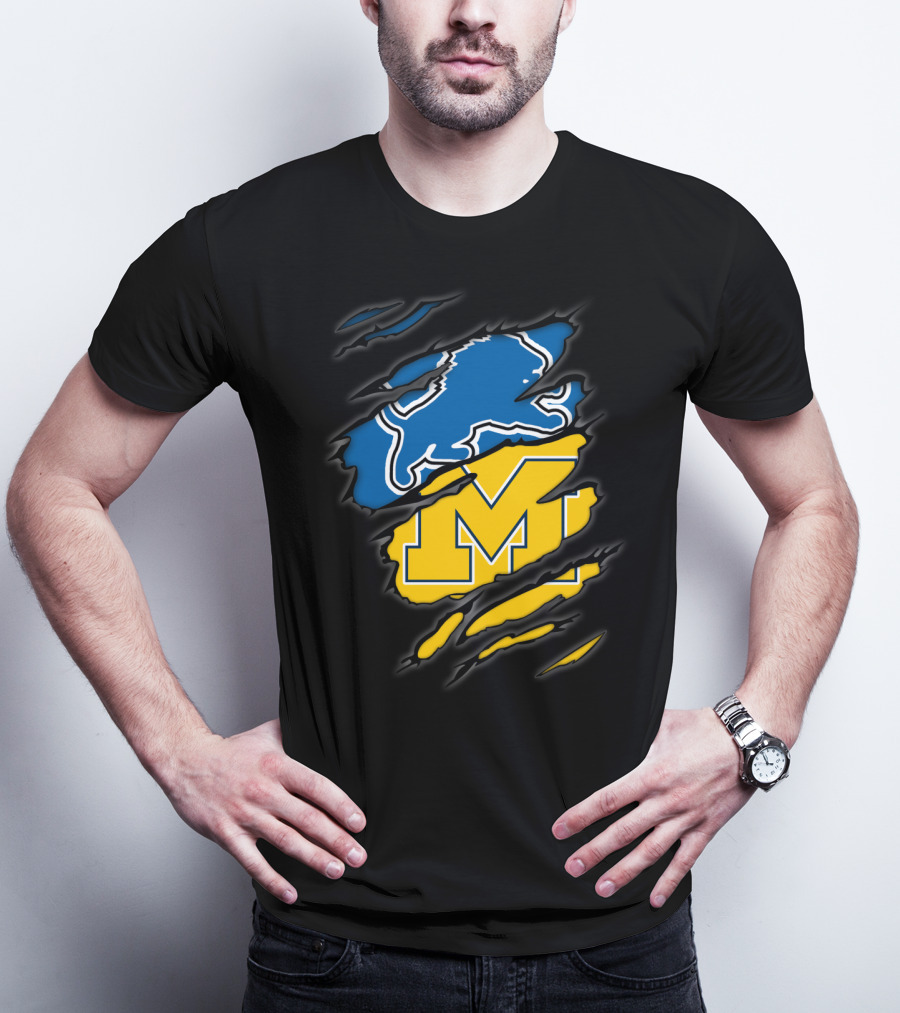 Detroit Lions Michigan Wolverines Football Fan Logo Crossover T-Shirt