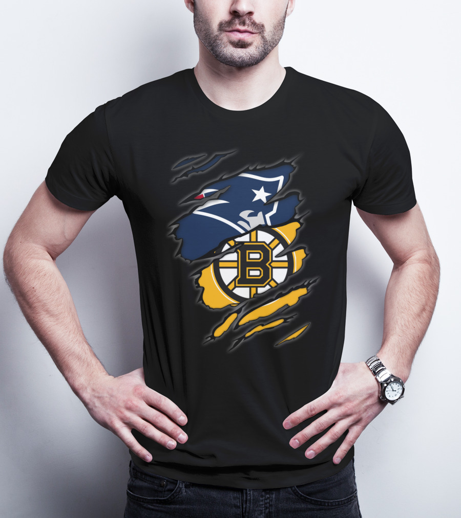 Patriots Bruins Torn Team Fusion New England Boston Sports Logos T-Shirt
