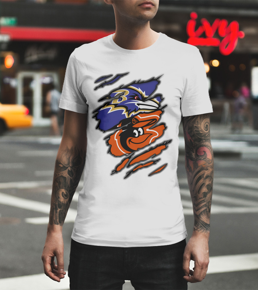 Baltimore Ravens Orioles Logos Ripped T-Shirt