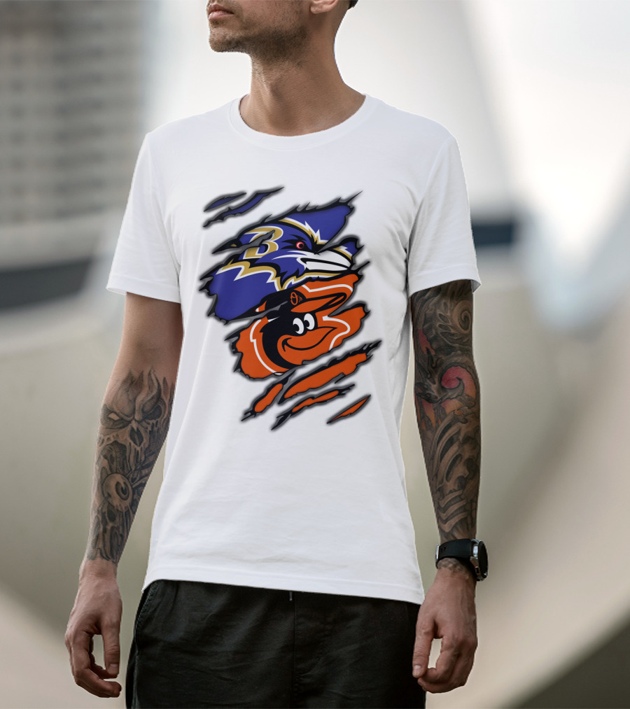 Baltimore Ravens Orioles Logos Ripped T-Shirt