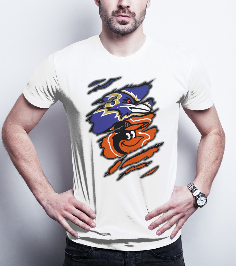 Baltimore Ravens Orioles Logos Ripped T-Shirt