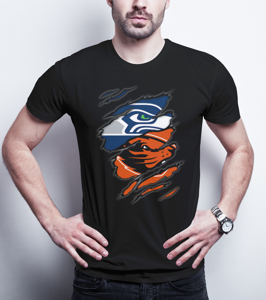 Seahawks Beavers Dual Team Spirit Torn Fusion T-Shirt