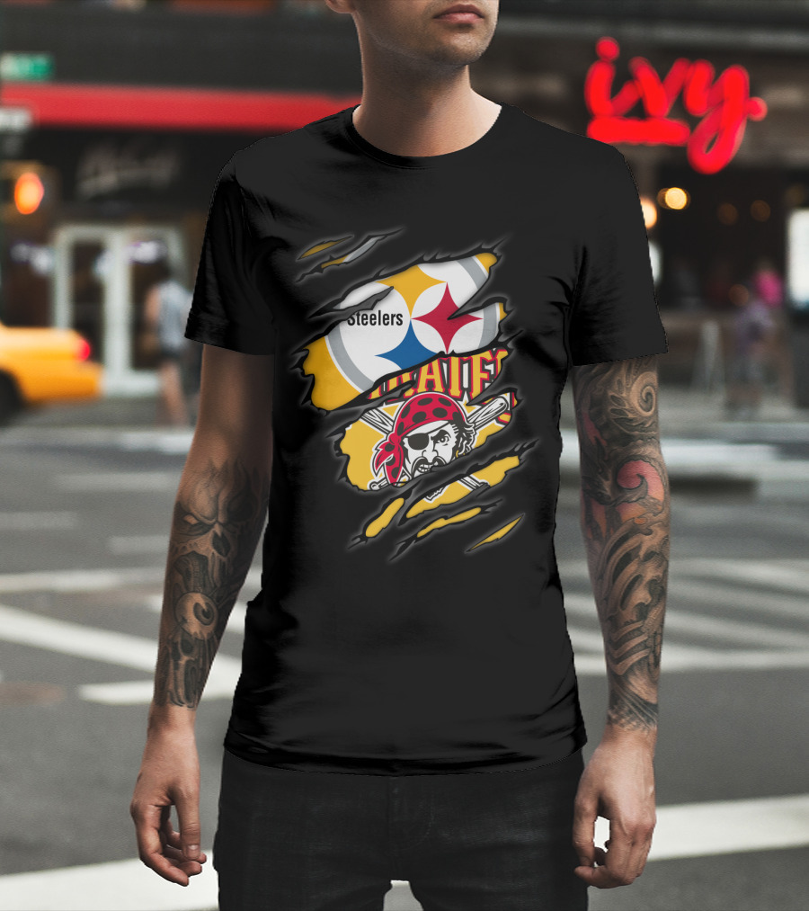 Steelers Pirates Logo Mashup Ripped Effect T-Shirt