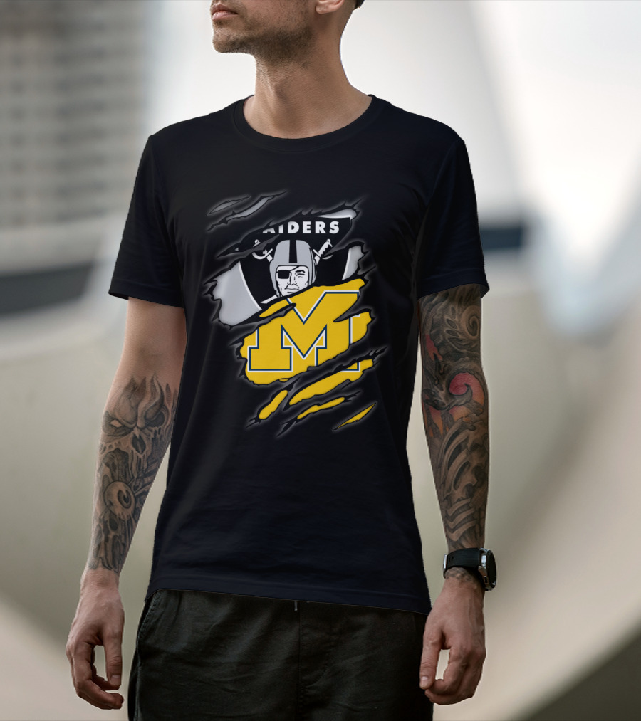 Raiders Oakland Helmet With Michigan Block M Fusion T-Shirt