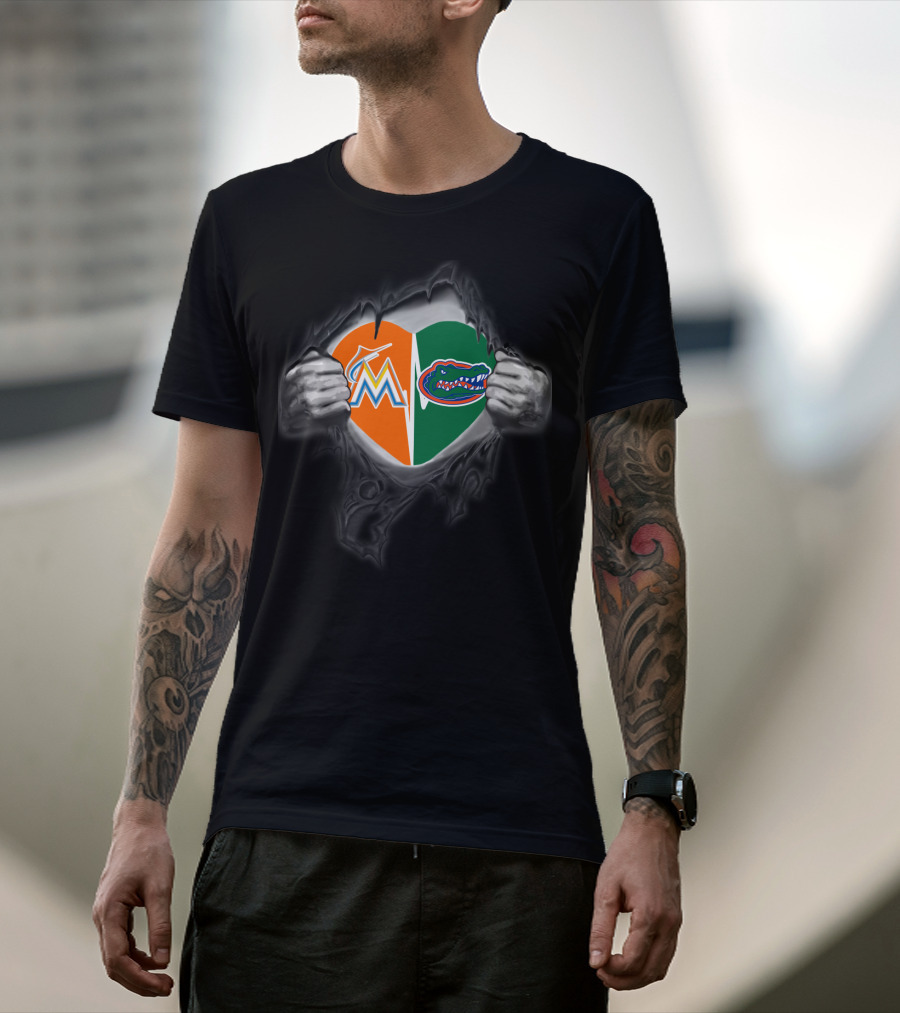Marlins Gators Heart Split Logo Combo T-Shirt