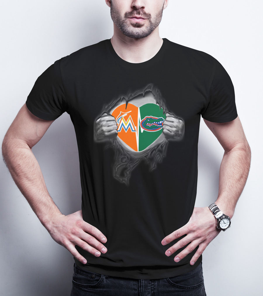 Marlins Gators Heart Split Logo Combo T-Shirt