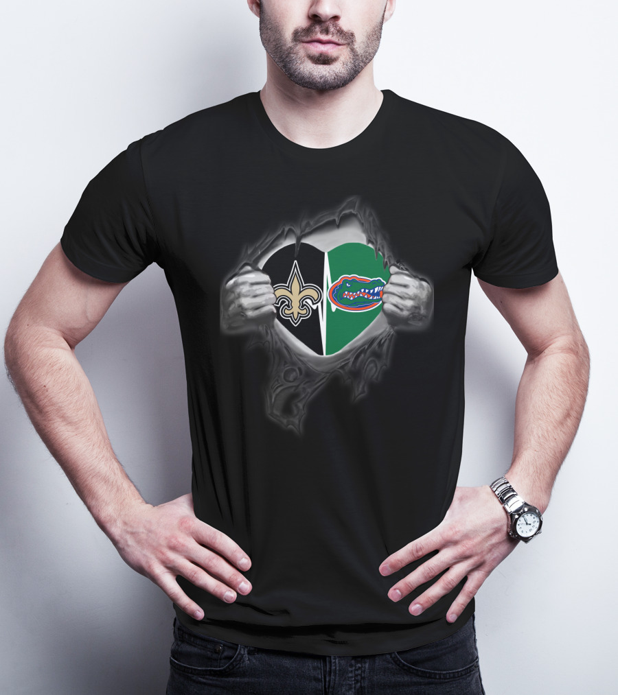 Saints Fleur-de-lis And Florida Gators Logo Heart T-Shirt