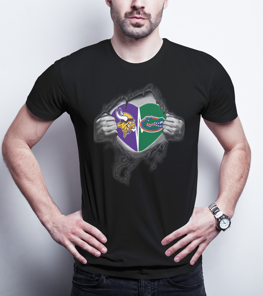 Vikings Gators Heart Split Logo Inside Ripped Chest T-Shirt