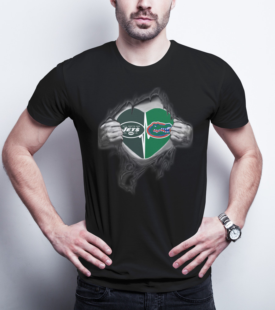 Jets Gators Heart Tearing Open Fusion Nfl College Football T-Shirt