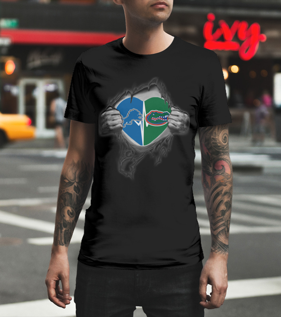Lions Gators Heart Logos Pulled Apart T-Shirt