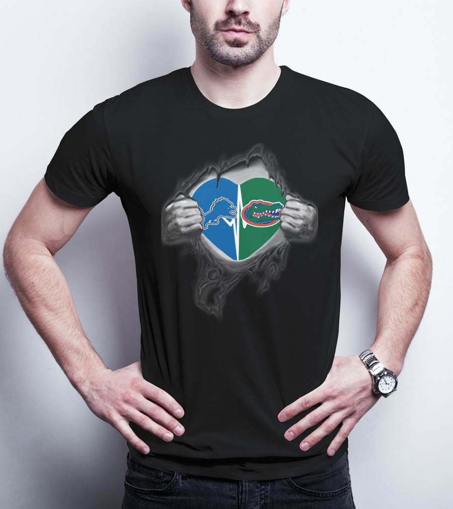 Lions Gators Heart Logos Pulled Apart T-Shirt