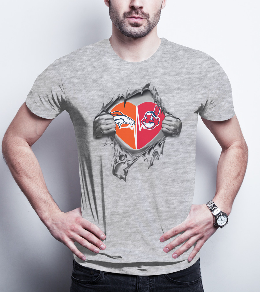 Broncos Indians Heart Symbol With Torn Chest Effect T-Shirt