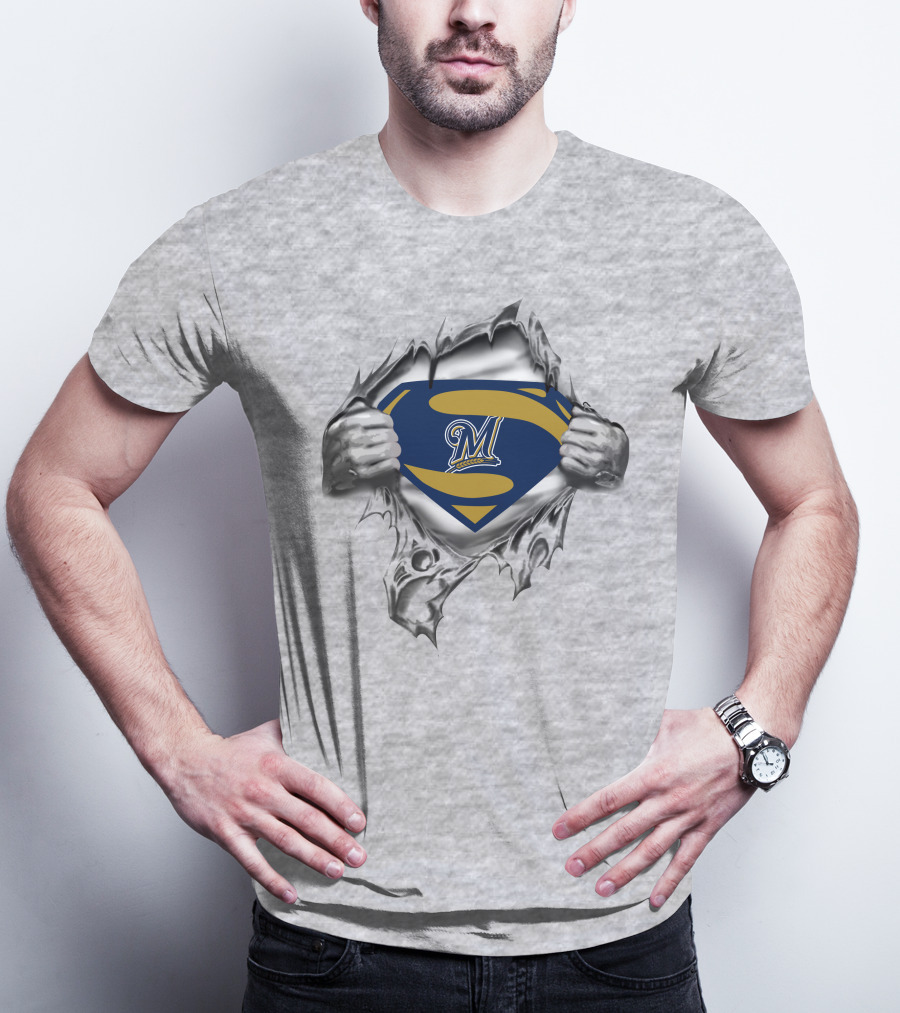 Brewers Super Man Logo M Symbol Tear Blue Gold T-Shirt