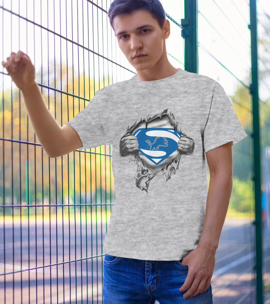 Detroit Lions Superman Logo Burst Through Chest T-Shirt