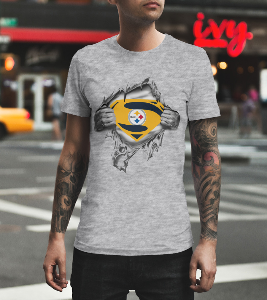 Steelers Super Man Logo With Ripped Metal Effect T-Shirt