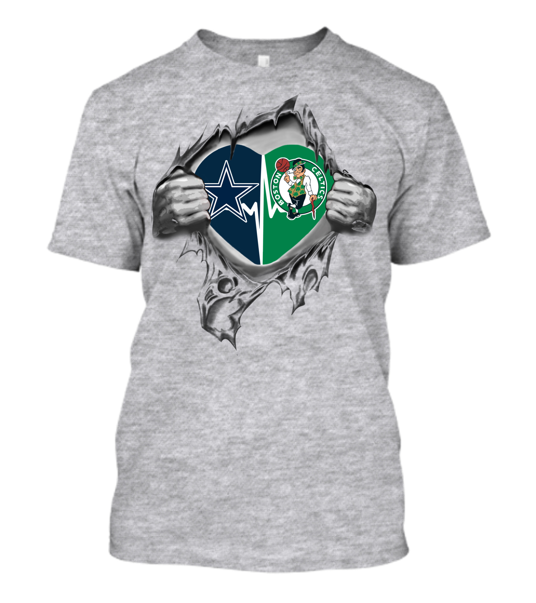 Cowboys Celtics Heart Torn Allegiance With Logo Hearts And Ripped Hands T-Shirt