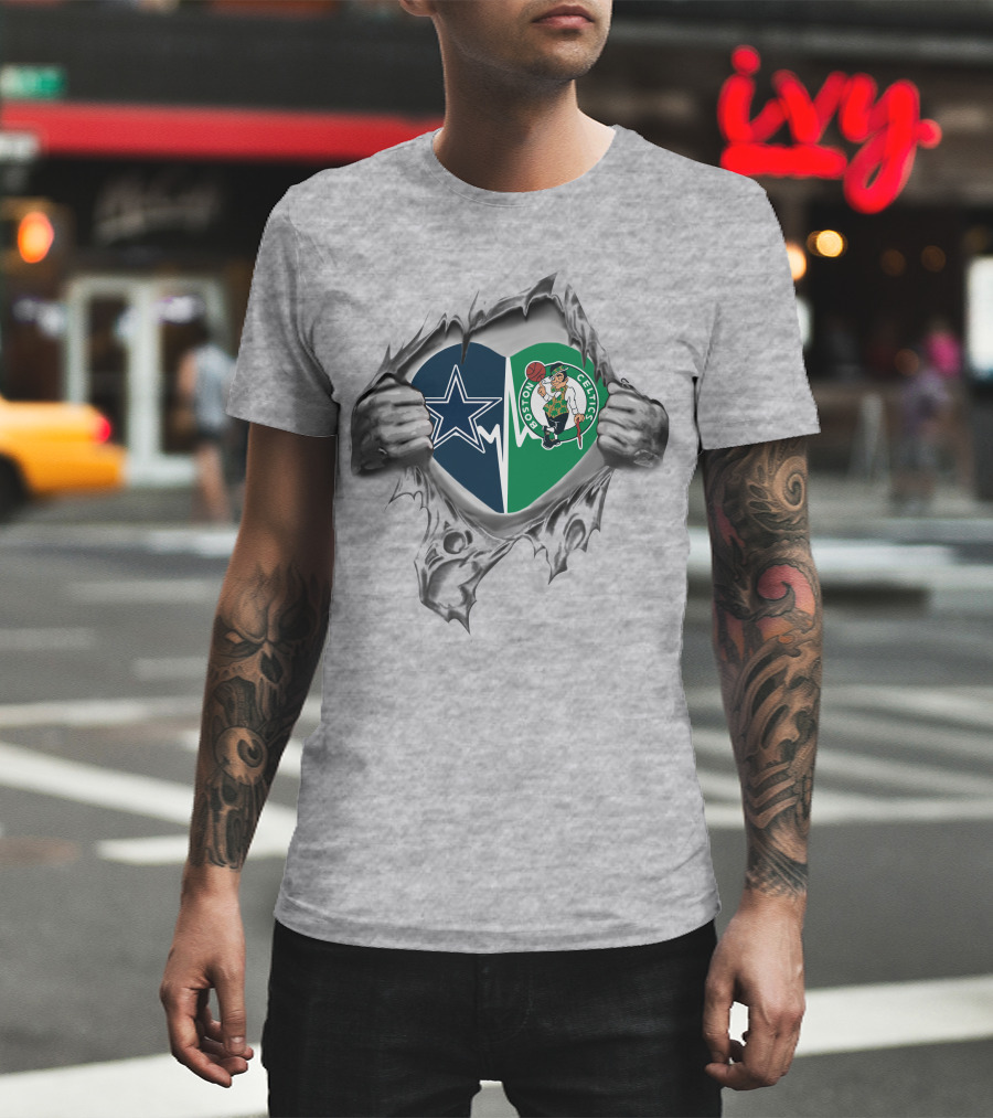Cowboys Celtics Heart Torn Allegiance With Logo Hearts And Ripped Hands T-Shirt