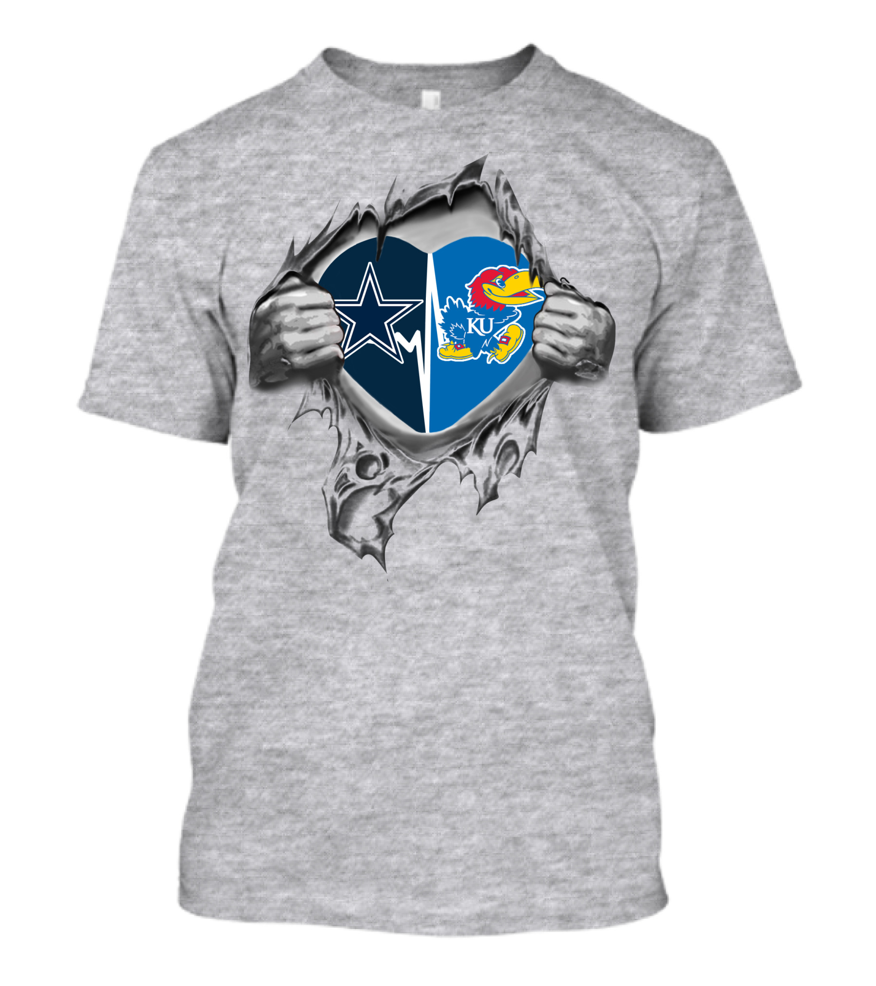 Cowboys Kansas Jayhawks Heart With Dallas Cowboys Star And KU Jayhawk Mascot T-Shirt