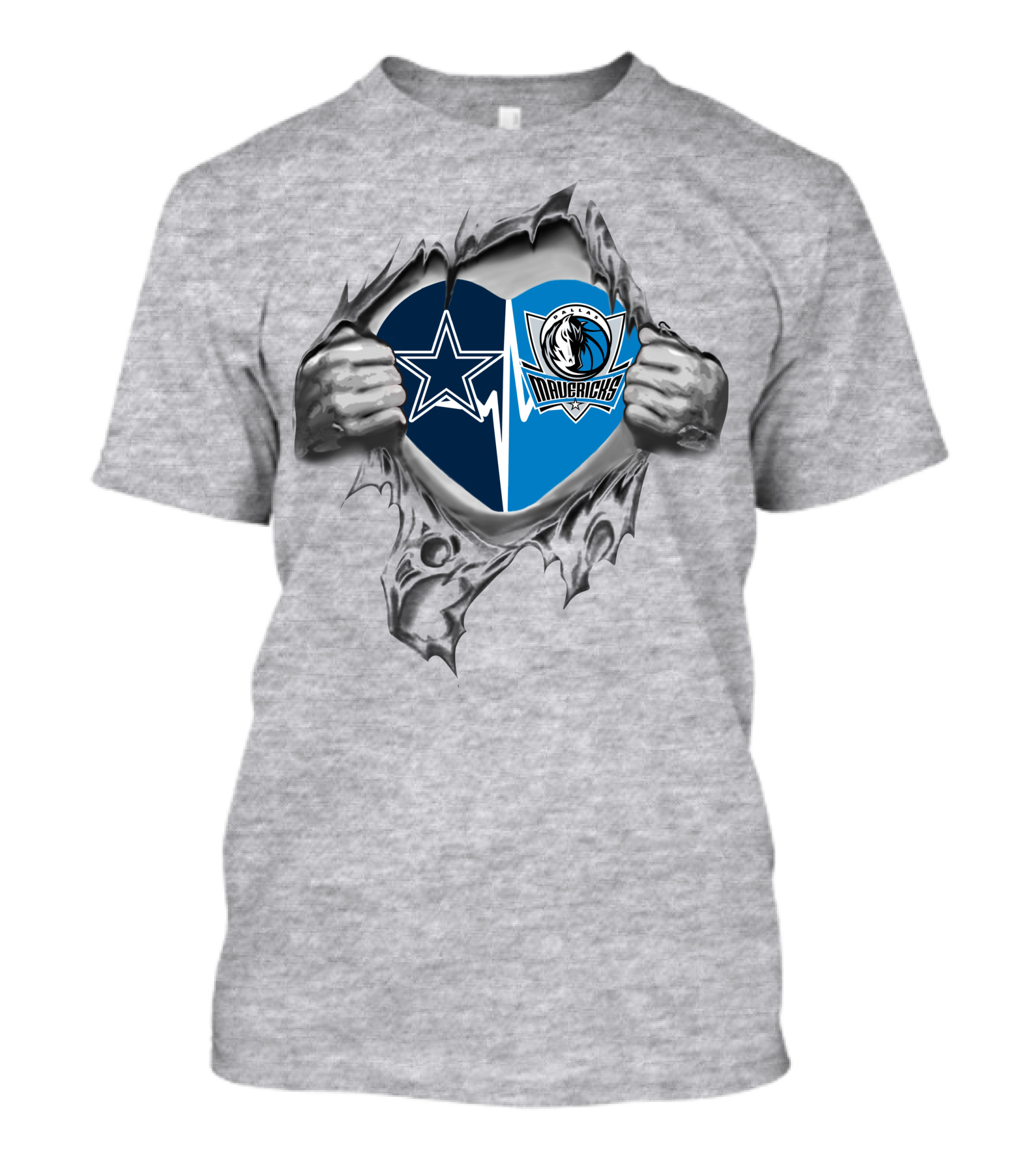 Cowboys Mavericks Heart Design With Split Logos And Torn Hands T-Shirt