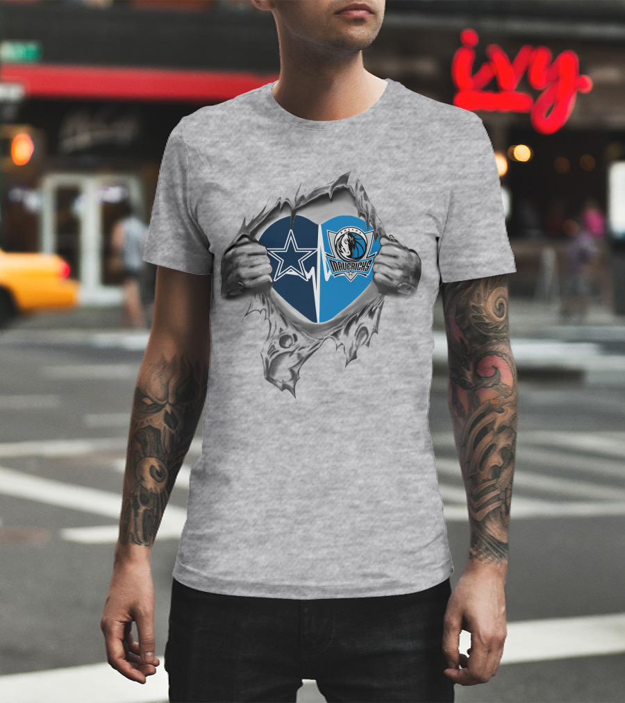 Cowboys Mavericks Heart Design With Split Logos And Torn Hands T-Shirt